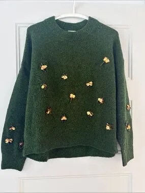 H&M | Sweaters | Hm Olive Green Crewneck Sweater With Yellow Floral ...